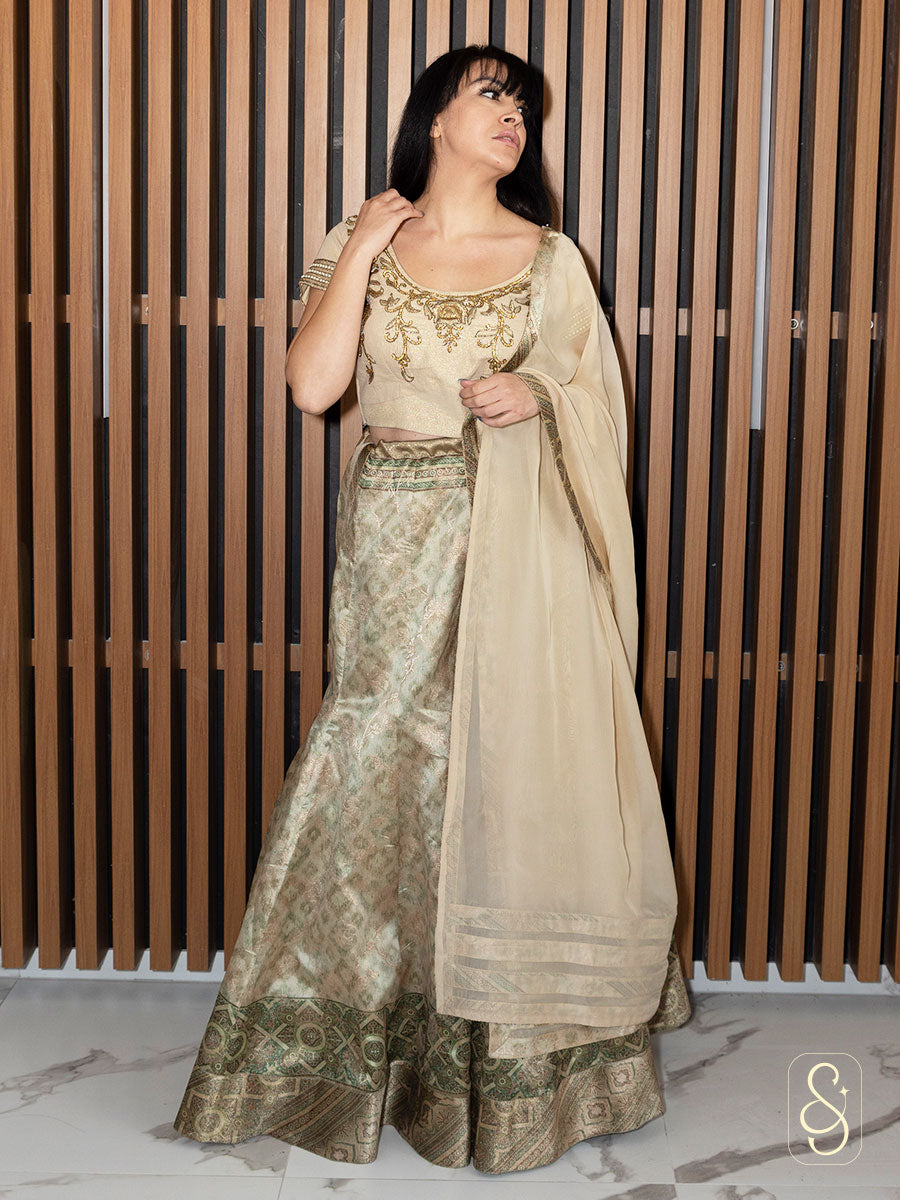 Golden Fish Cut Lehenga Set – Silk & Sparkle